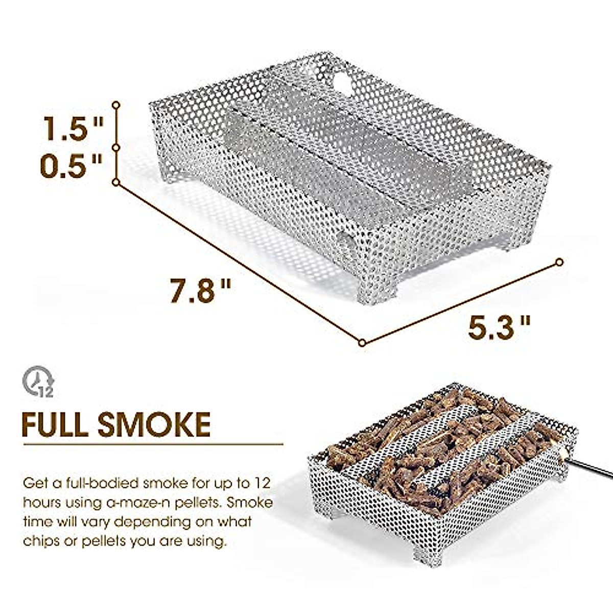 Buzzlett 12 Hours Pellet Maze Smoker Tray, Perfect for Hot or Cold Meat, Cheese, Fish and Pork Smoking, 5" x 8"