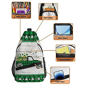Sling Backpack, St. Patrick's Day Truck Pull Lucky Shamrock on Rustic Wooden Grain Waterproof Lightweight Small Sling Bag, Travel Chest Bag Crossbody Shoulder Bag Hiking Daypack for Women Men