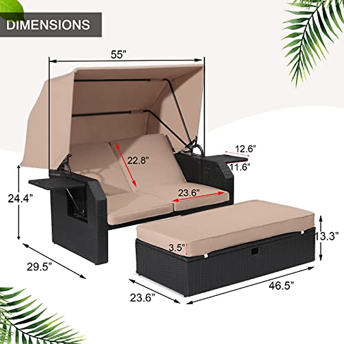 B BAIJIAWEI Outdoor Wicker Loveseat - Patio Furniture Set with Retractable Canopy, Adjustable Back, Side Table, Ottoman, Cushion - PE Rattan Sofa Set for Garden Poolside Backyard Lawn Porch