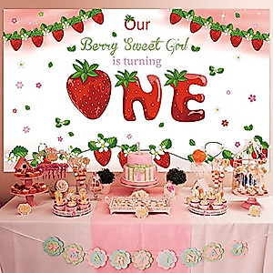 Strawberry 1st Birthday Backdrop for Girls, Our Berry Sweet is Turning Baby Girls First Birthday Background, 42.9 x 70.2 inches Photography Props Summer Fruits Kids Party Decorations