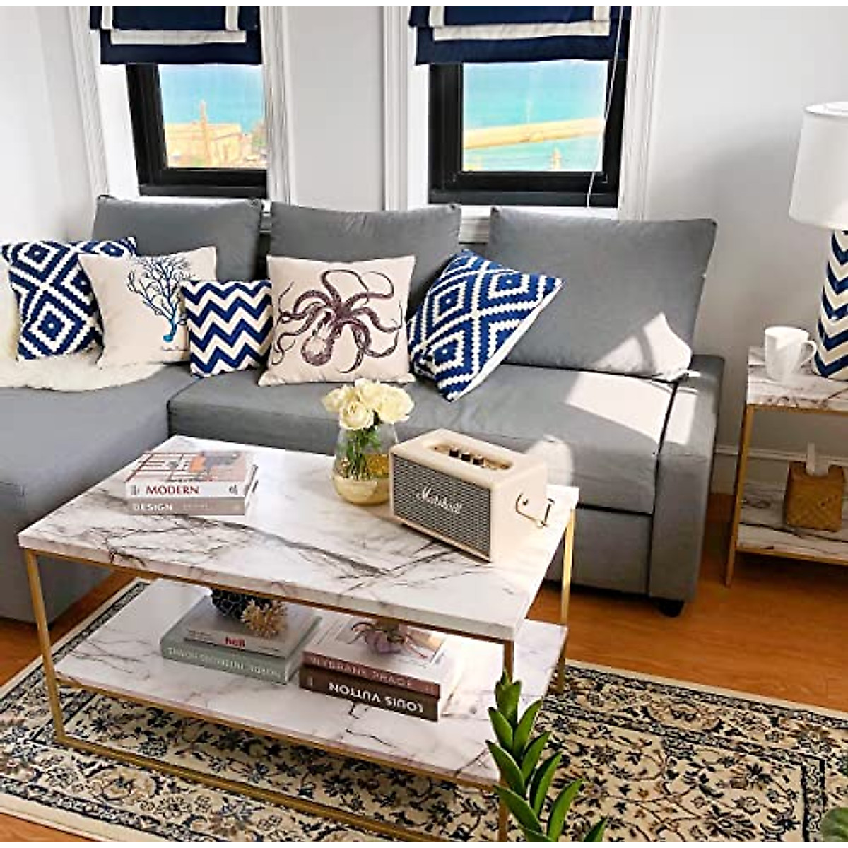 roomfitters 35” Faux Marble Coffee Table, Marble Top Rectangular Coffee Table, Center Table with Gold Metal Frame, 2 Tier Living Room Table, Cocktail Table with Storage for Living Room