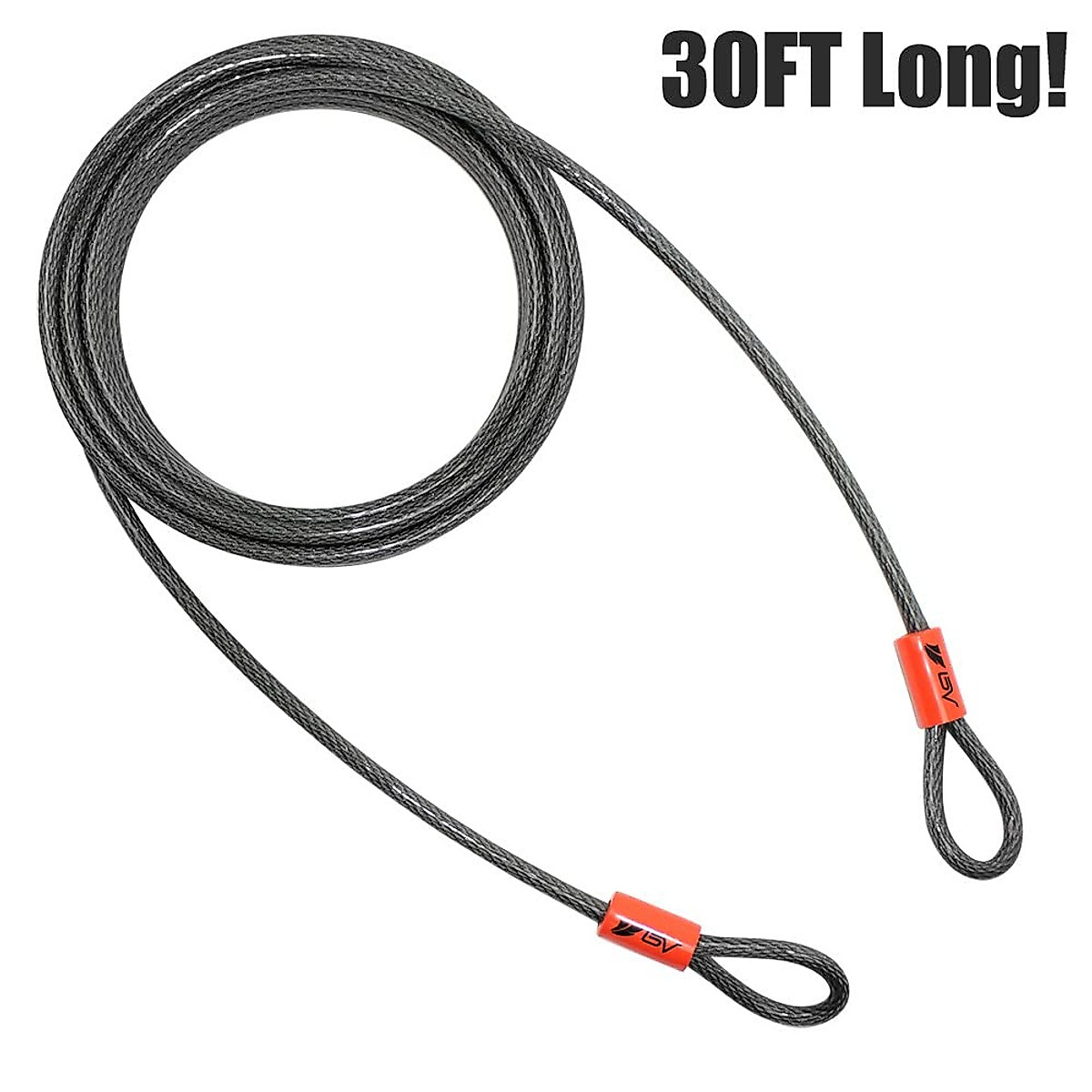 BV 30FT Security Steel Cable with Loops, Braided Steel Flex Cable, Bike Lock Cable 3/8 Inch, for U-Lock and Padlock (30FT)