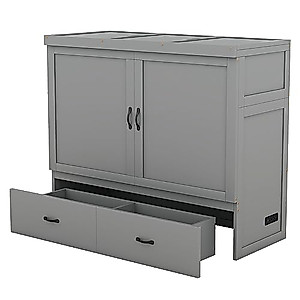 Full Size Murphy Bed with USB Port and Storage Drawers, Wood Full Platform Bed Frame with Charging Station, Full Murphy Bed for Bedroom Murphy Bed Cabinet Murphy Chest Bed (Gray)