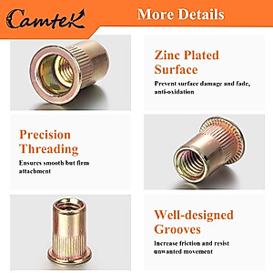 Camtek 325PCS Rivet Nut Kit, #8-32#10-24 5/32"-32UNC 1/4''-20UNC 5/16''-18UNC 3/8''-16UNC 1/2"-13UNC Zinc Plated Carbon Steel Flat Head Rivnut Threaded Insert Rivet Nuts Assortment Set