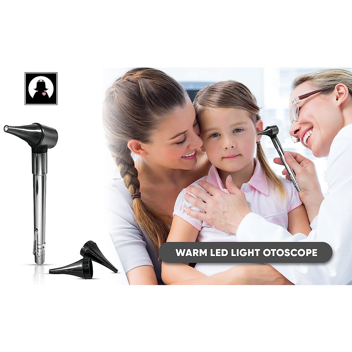 Third Generation Dr Mom Slimline Stainless LED Pocket Otoscope with an Optical Quality Glass Lens and Hard Plastic Travel Hard Case - Silver