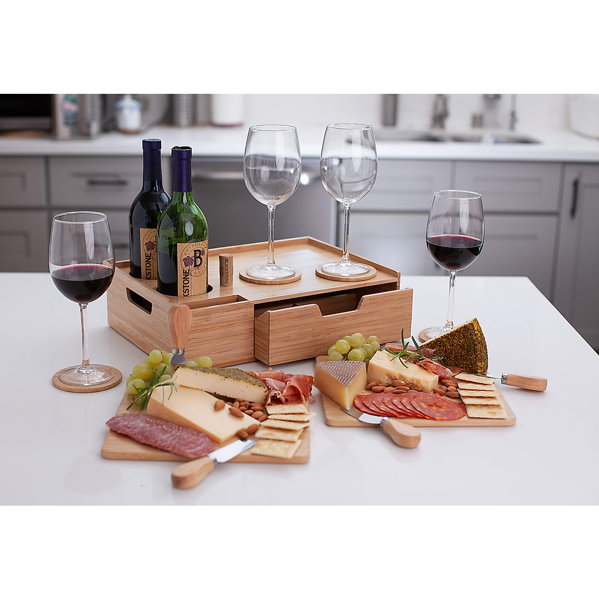 MV Bamboo Wine & Cheese Serving Tray Plus Drawer for Extra Storage Includes Coasters, Cheese Knives, Serving Boards & Handles for Easy Carrying