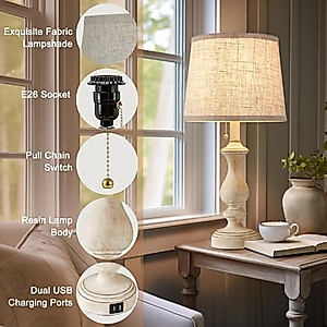 Drawealth Farmhouse Bedside Table Lamp with USB Charging Ports Traditional Bedroom Lamps for Nightstand Set of 2 White Table Lamp for Living Room Study Room Washed Finish, Bulbs Not Included