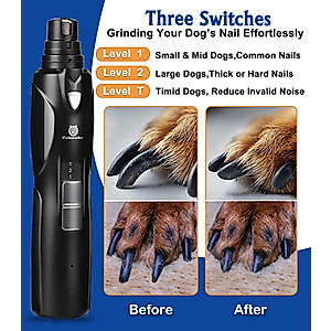 Petsaunter Dog Nail Grinder, 2-Speed and LED Light, Powerful Touch-Switch, Quiet and Low-Vibration Dog Nail Trimmers, and 3 Ports for Large Dogs, Medium, Small Dogs Cats Pets with Hard or Thick Nail