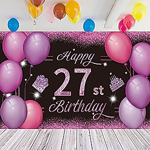 Happy 27st Birthday Backdrop Banner Pink Purple 27th Sign Poster 27 Birthday Party Supplies for Anniversary Photo Booth Photography Background Birthday Party Decorations, 72.8 x 43.3 Inch