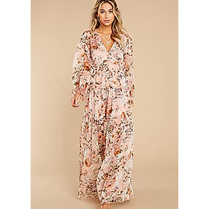 Women's Long Sleeve Floral Maxi Dress V Neck Casual Long Dresses Cocktail Beach Party Maxi Dress Pink