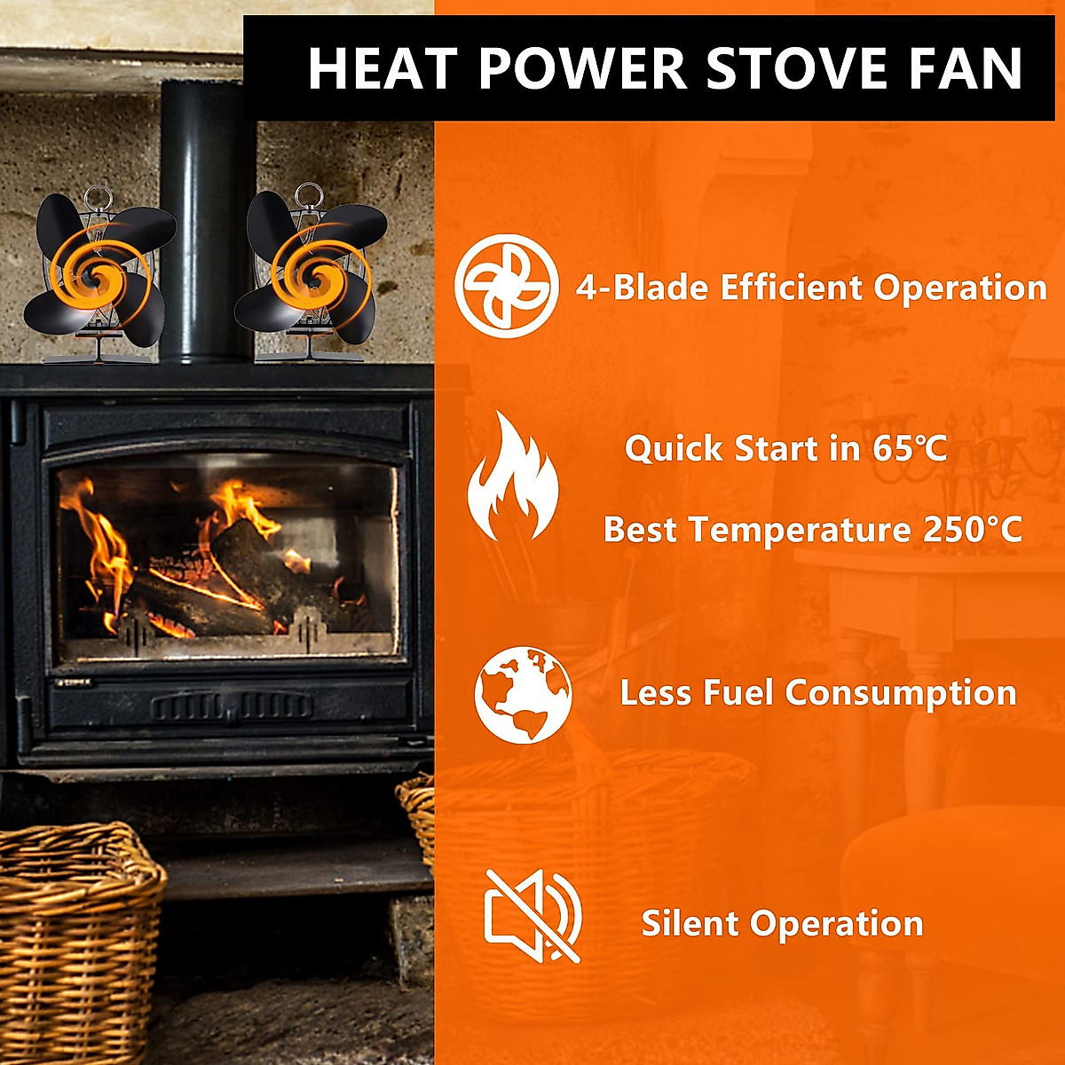 YENPOZIKA Wood Stove Fan 4 Blades for Wood/Log Burner/Fireplace Silent Operation