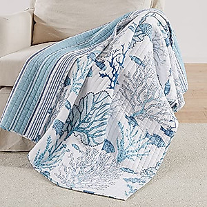 Levtex - Lacey Sea - Quilted Throw - 50x60in. - Coastal Coral - Blue and White - Reversible Pattern - Cotton Fabric