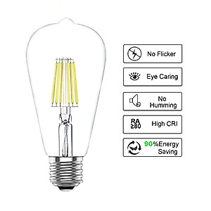 Vintage LED Light Bulbs,E26 Edison Filament,6W,60 Watts Equivalent,Daylight White 6000K,2 Packs