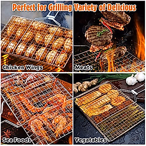 ACMETOP Portable BBQ Grill Basket Stainless Steel Fish Grill Basket with Removable Handle, Grill Accessories for Outdoor Grill Vegetables Fishes Shrimp -【Bonus Grill Mat, Sauce Brush & Carrying Pouch】