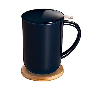 CEEFU Porcelain Tea Mug with Infuser and Lid, Teaware with Filter and Coaster, Loose Leaf Tea Cup Steeper Maker, 16 OZ for Tea/Coffee/Milk/Women/Office/Home/Gift (Navy Blue)