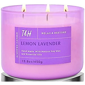 3 Wick Candle - Lemon Lavender Scented Candle with Cedar, Ylang-Ylang & Violet – Strong Candles for Home Scented – Aromatherapy Candle 15.8 oz - Lavender Candle - Natural Soy Candles for Men & Women