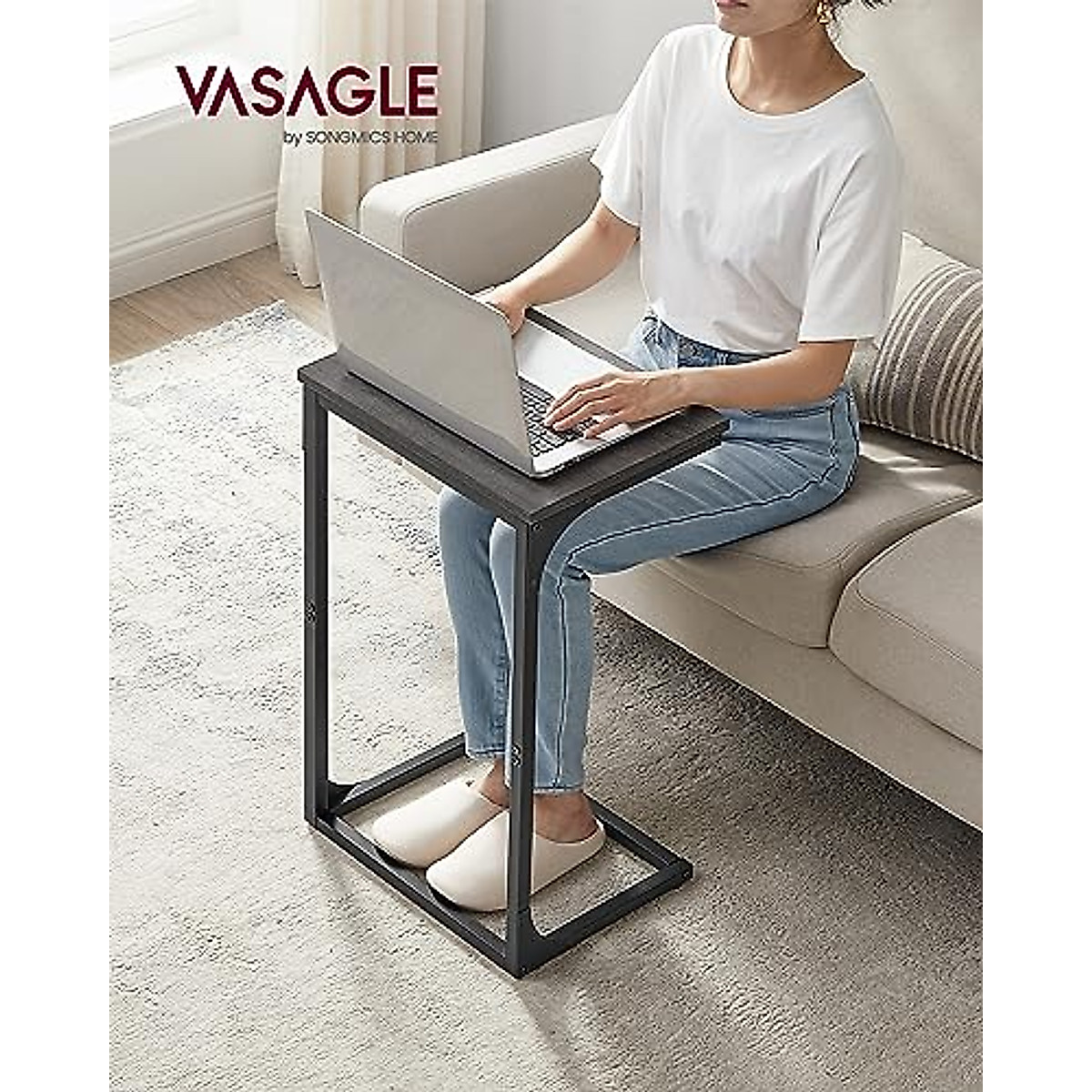 VASAGLE C-Shaped End Table, Side Table for Sofa, Couch Table with Metal Frame, Small TV Tray Table for Living Room, Bedroom, Misty Gray and Black