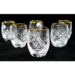 SET of 6 Russian Cut Crystal Shot Shooter Glasses 24K Gold Rimmed 1.7 Oz. Vodka Liquor Old-fashioned Glassware Hand Made