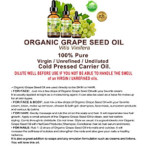 Botanical Beauty Organic GRAPE SEED OIL 100% Pure Natural VIRGIN UNREFINED Cold-Pressed Carrier Oil 1 Fl oz 30 ml for Face, Skin, Body, Hair, Lip, Nails, Massage. Rich in Vitamin E