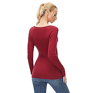 AmélieBoutik Women Notch V Neck Lace Up Long Sleeve Ribbed Sweater (Wine Red X-Small)