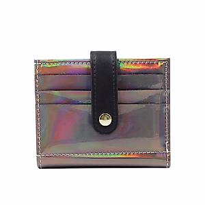 MINGSEECESS Women Bifold Leather Small Wallet Shiny Holographic Zipper Card Holder Coin Change Wallet Clutch Purse with 2 Straps