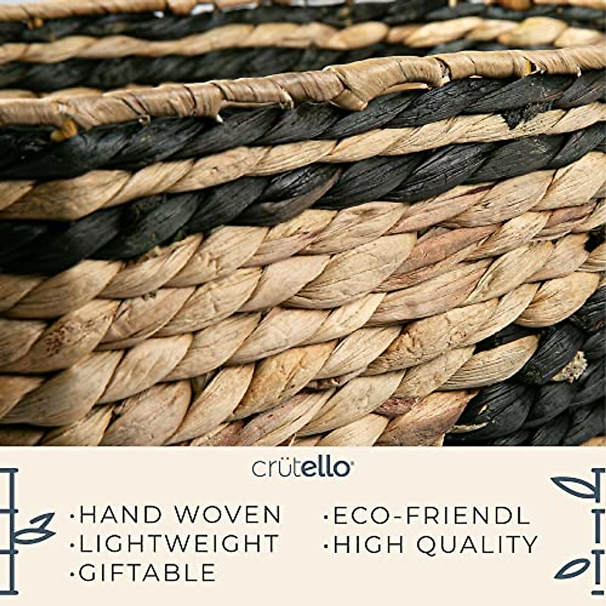 Crutello Black Wicker Basket for Storage, Large Wicker Basket, Rectangular Water Hyacinth Storage Basket Towels, Blankets, Baby, Pet Toys, Toilet Paper - Natural Living Room Floor Basket Boho Decor