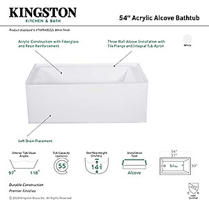 Kingston Brass Aqua Eden VTAP543022L 54-Inch Acrylic Alcove Tub with Left Hand Drain, White