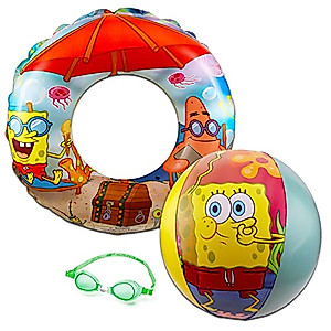 Viacom Spongebob Squarepants Ultimate Beach Set - 5 Pc Spongebob Pool Toys Bundle with Beach Ball, Swim Ring, Goggles, Plus Stickers and More (Spongebob Gift Set)