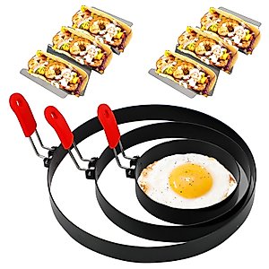 5 PCS Pancake Mold Sets, 3 Pcs Egg Circles for Frying Eggs, 2 PCS Taco Shell Holder Stand, Rack Holds Up to 3 Tacos, 4 Inch 6 Inch 8 Inch Griddle Egg Ring with Silicone Handle for Breakfast Sandwiches