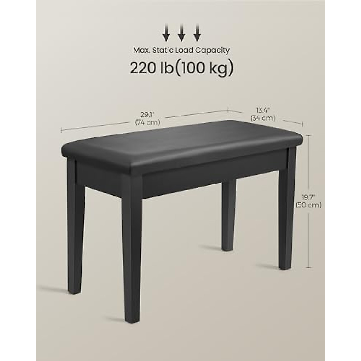 SONGMICS Duet Piano Bench with Padded Cushion and Storage Compartment, Piano Chair Seat, 13.4 x 29.1 x 19.7 Inches, Ink Black ULPB75BK