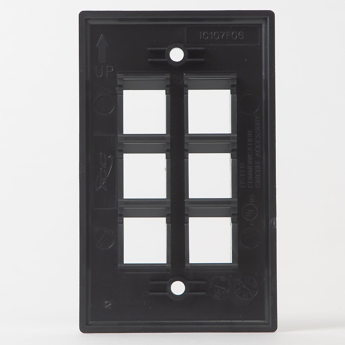 ICC 6-Port Faceplate for Keystone Connectors, Single Gang Outlet Box, Wall Plate for Networking and Home Installations, Durable and Easy to Install, Black, Single