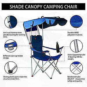 PLKO Camping Chairs with Canopy, Portable Quad Lawn Chair for Adults, Folding Recliner Chair with Cup Holder Outdoor Events and Shade,Support 350 LBS,Light Blue