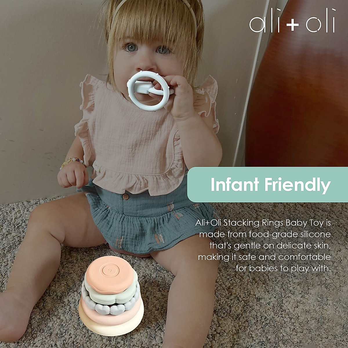 Ali+Oli Stacking Rings Baby Toy (Sun) - Infant Toys, Stacking & Building Toys, Toddler Learning Toys, Montessori Toys for Baby, Food-Grade Silicone Toys for Babies