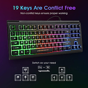 Rii Gaming Keyboard,87-Keys RGB Backlit Compact Keyboard,Silent Computer Keyboard,Wired Tenkeyless Keyboard for Laptop,PC,Windows,Mac