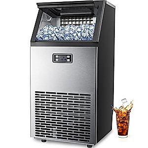 Kismile Commercial Ice Maker, Freestanding Square Ice Cube Maker 100lbs/24h, 28lbs Storage Bin, Full Heavy Duty Stainless Steel Construction, Ice Maker Machine for Home Bar
