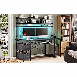 SEDETA Gaming Computer Desk, 55" Gaming Desk with LED Lights and Hutch, Computer Desk with Drawer, Power Outlet, Storage Shelves and Monitor Stand, Home Office Desk, Gamer Desk PC Table, Black