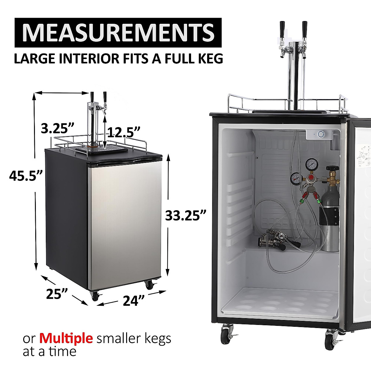 Kegerator and Keg Beer Cooler, Dual Tap Draft Beer Dispenser, Full Size Keg Refrigerator With Shelves, Stainless Steel, Drip Tray & Rail，silver