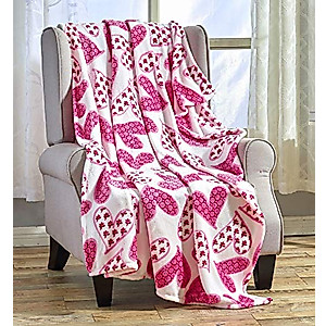 Large Heart Throw Blanket Soft Fleece White Blanket with Pink Hearts for Kids Adults Use on Couch Sofa Bed 50 x 60