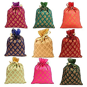 Touchstone Gorgeous Gift Wrapping bags reusable environment friendly Large Drawstring Mimosa Leaf Pattern Brocade for birthdays, wedding, return present packing set. pack of 9. 9x7 inches