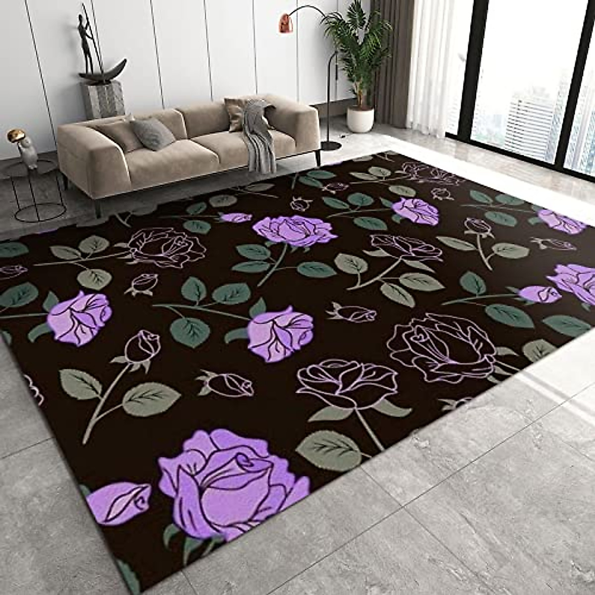 Purple Rose Black Background Area Rugs, Romantic Home Decor Floor Carpet, Indoor Area Rugs Non-Slip Durable Non Shedding Washable for Living Room Dining Room Bedroom Office 5ftx7ft