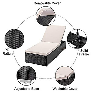3 Pieces Outdoor Patio PE Wicker Chaise Lounge Set, Rattan Furniture Set with Matching Table, Adjustable Reclining Lounge Chairs with Cushions