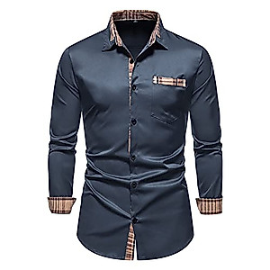 Mens Plaid Long Sleeve Button Down Shirt Casual Turn-Down Collar Slim Fit Shirts Stylish Business Dress Shirts (Dark Blue,XX-Large)