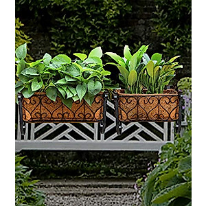 MorTime Iron Hanging Flower Rack Basket Shelf with Hooks, Railing Flower Pots Holder Black Metal Decorative Railing Shelf for Outdoor Garden Balcony Fence Patio