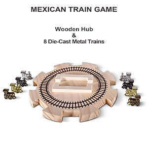 RNK Gaming Wooden Mexican Train Hub with 8 Metal Trains and Score Pad