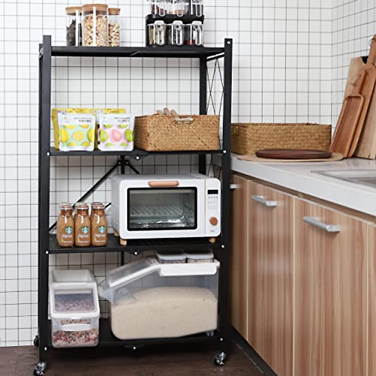Citylife 4-Tier Storage Shelves with Wheels Foldable Shelving Unit Heavy Duty Garage Metal Storage Rack Kitchen Shelf for Storage