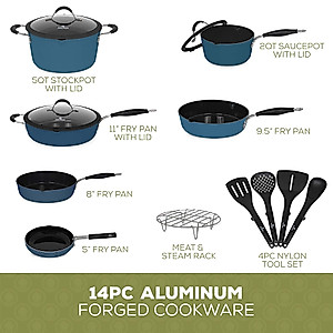 Paula Deen DFCW12SB Family 14 Piece Ceramic Non-Stick Cookware Set 100% PFOA-Free and Induction Ready Savannah Blue