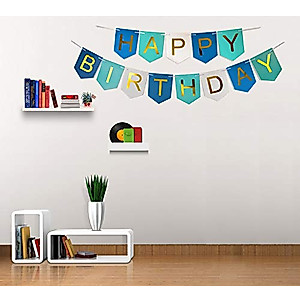 Brcohco Happy Birthday Banner Bunting with Shiny Gold Letters Party Supplies (Blue White)