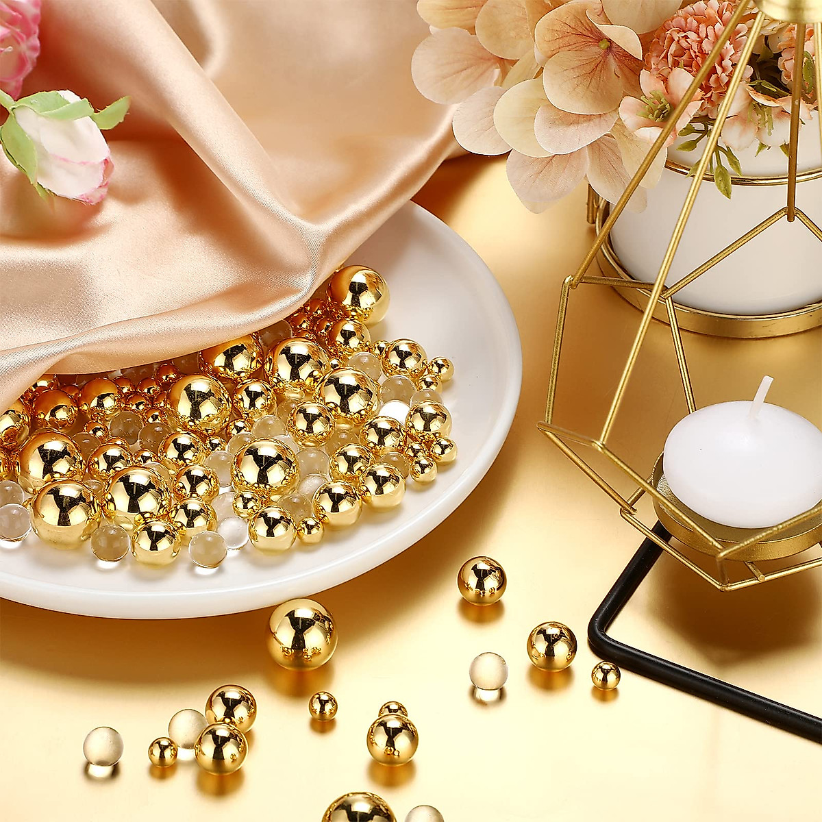 Fumete 10162 Pcs Suspending Candles for Centerpieces Transparent Water Gel Beads for Vases Pearl Beads for Vase Filler Wedding Valentine Galentine Party Floral Decorations(Gold)