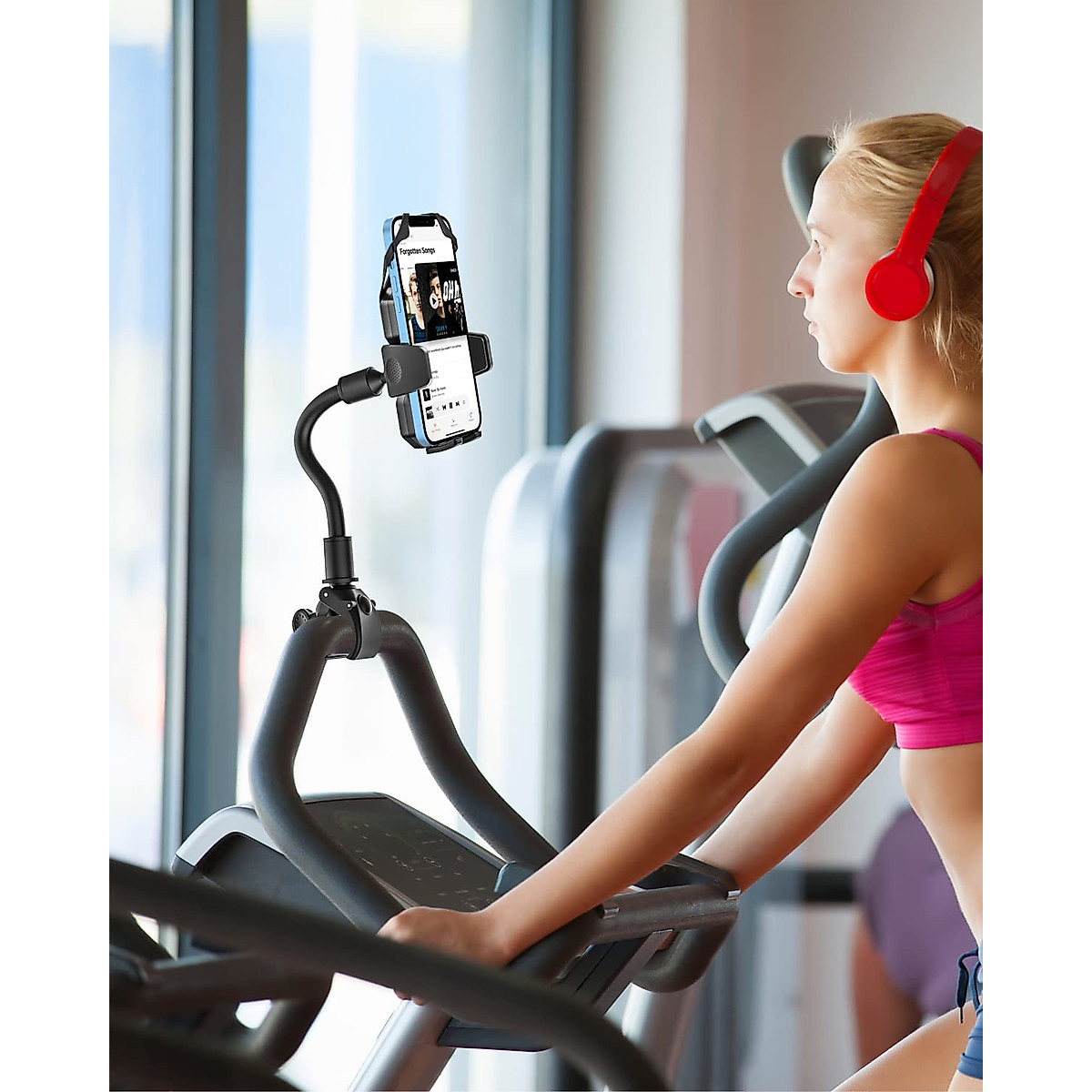 woleyi Gooseneck Spin Bike Phone Mount, Handlebar Clip Cell Phone Holder for Exercise Bicycle, Stationary Cycling, Stroller, Gym Treadmill, Mic Stand, for iPhone 15 Pro Max/14/13/12, 4-7" Smartphone