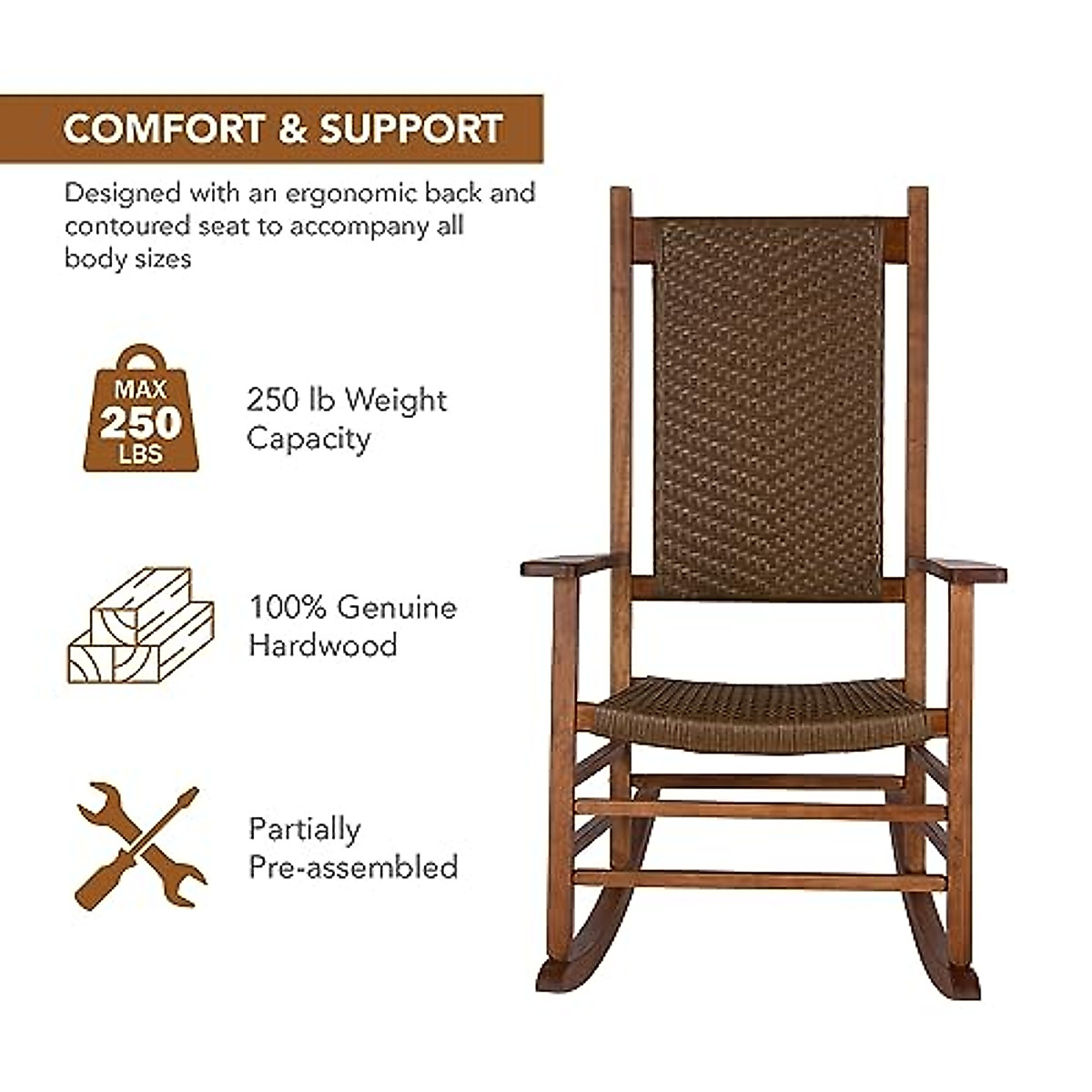 Shine Company Hampton, Outdoor Rocker, Front Porch Rocking Chair, Oak